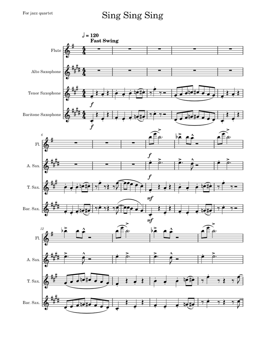 Sing Sing Sing Sheet Music for Flute, Saxophone alto, Saxophone tenor ...