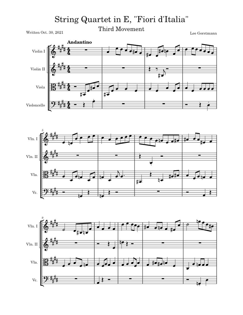 String Quartet in E, Fiori d'Italia - Third Movement Sheet music for Violin, Viola, Cello ...