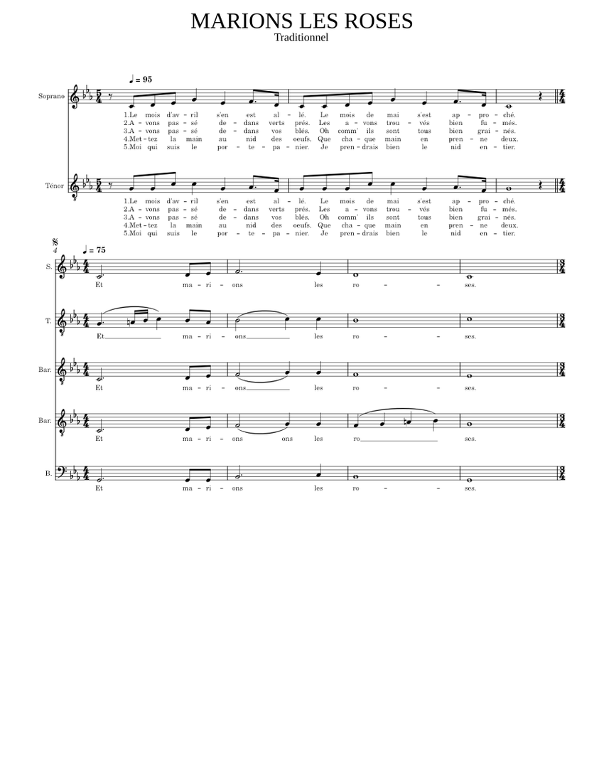 Marions les roses – Misc Traditional Sheet music for Soprano, Tenor, Bass voice, Baritone (SATB ...