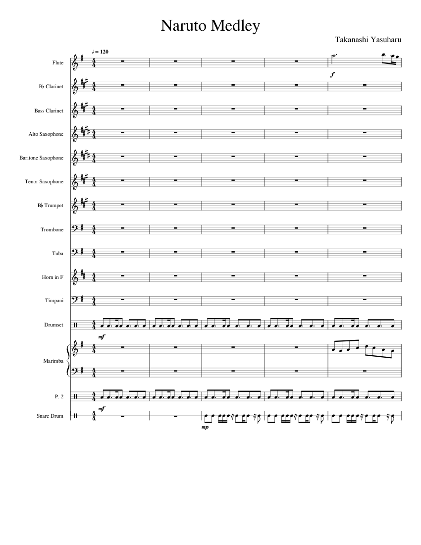 Naruto Medley Sheet Music for Trombone, Tuba, Flute, Clarinet in b-flat ...