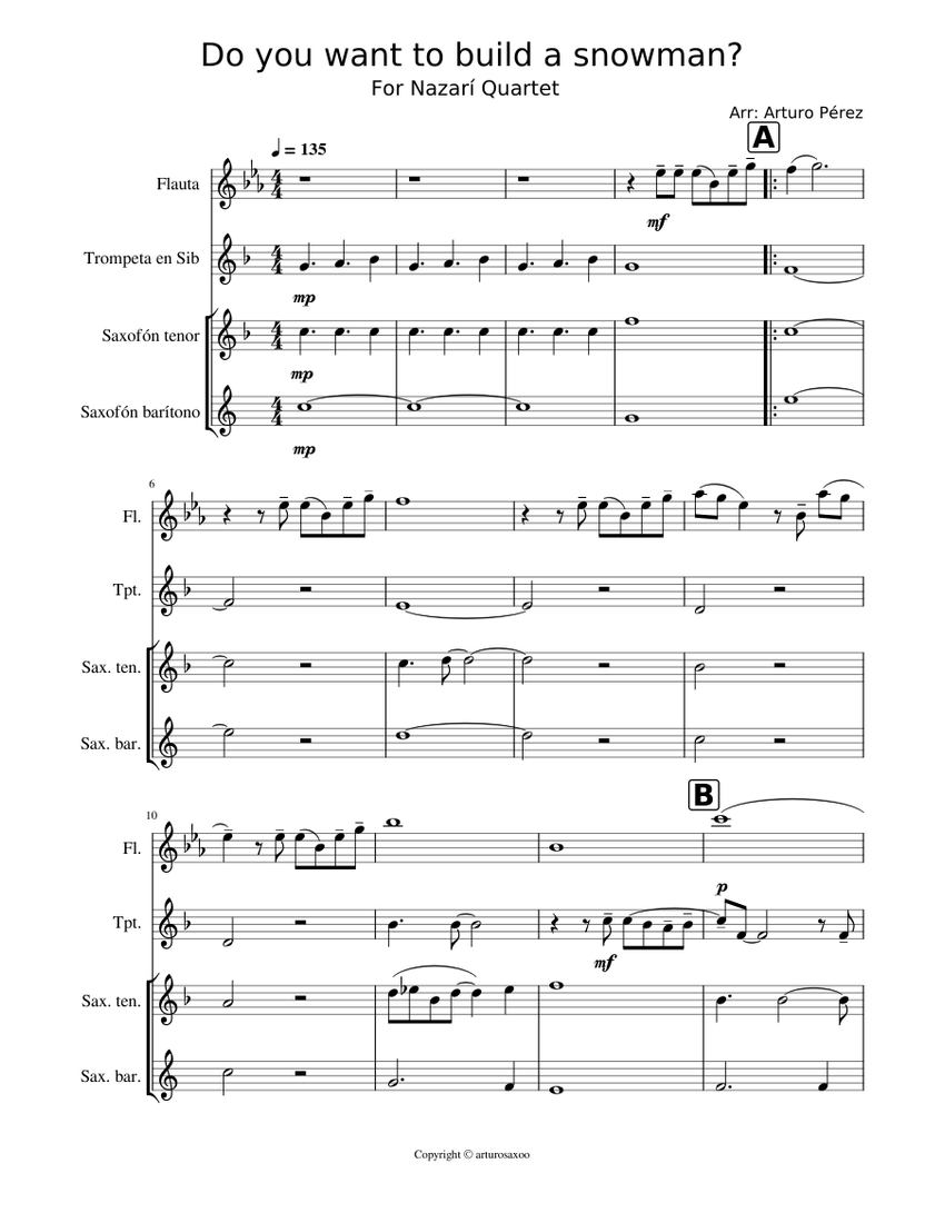 Do you want to build a snowman Sheet Music for Flute, Saxophone tenor ...