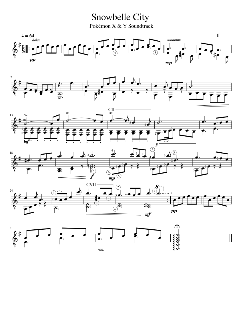 Snowbelle City guitar arrangement - Pokémon X/Y Sheet music for Guitar ...