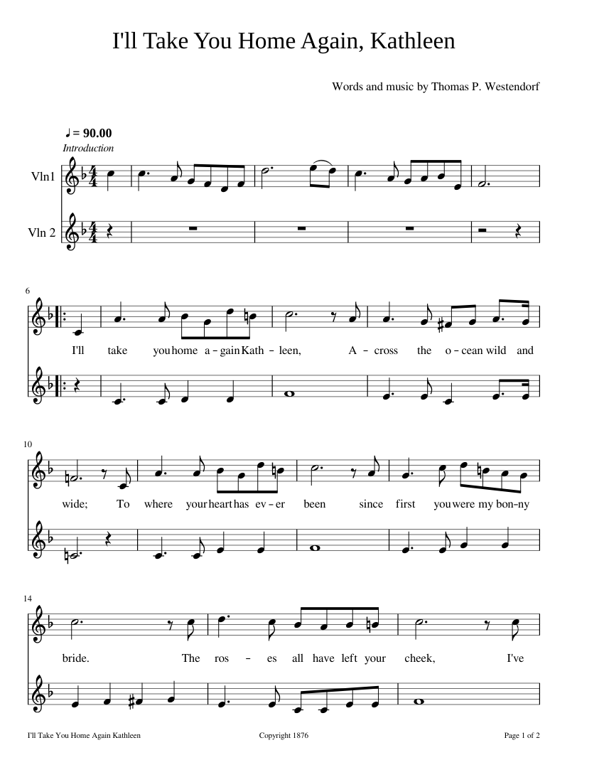 I'll Take You Home Again, Kathleen Sheet music for Violin (String Duet ...