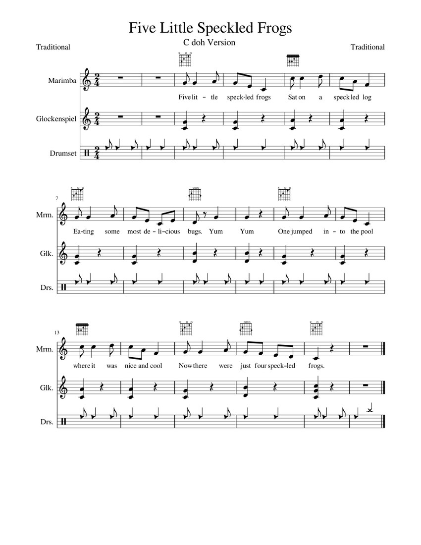 Five Little Speckled Frogs Sheet music for Glockenspiel, Drum group ...