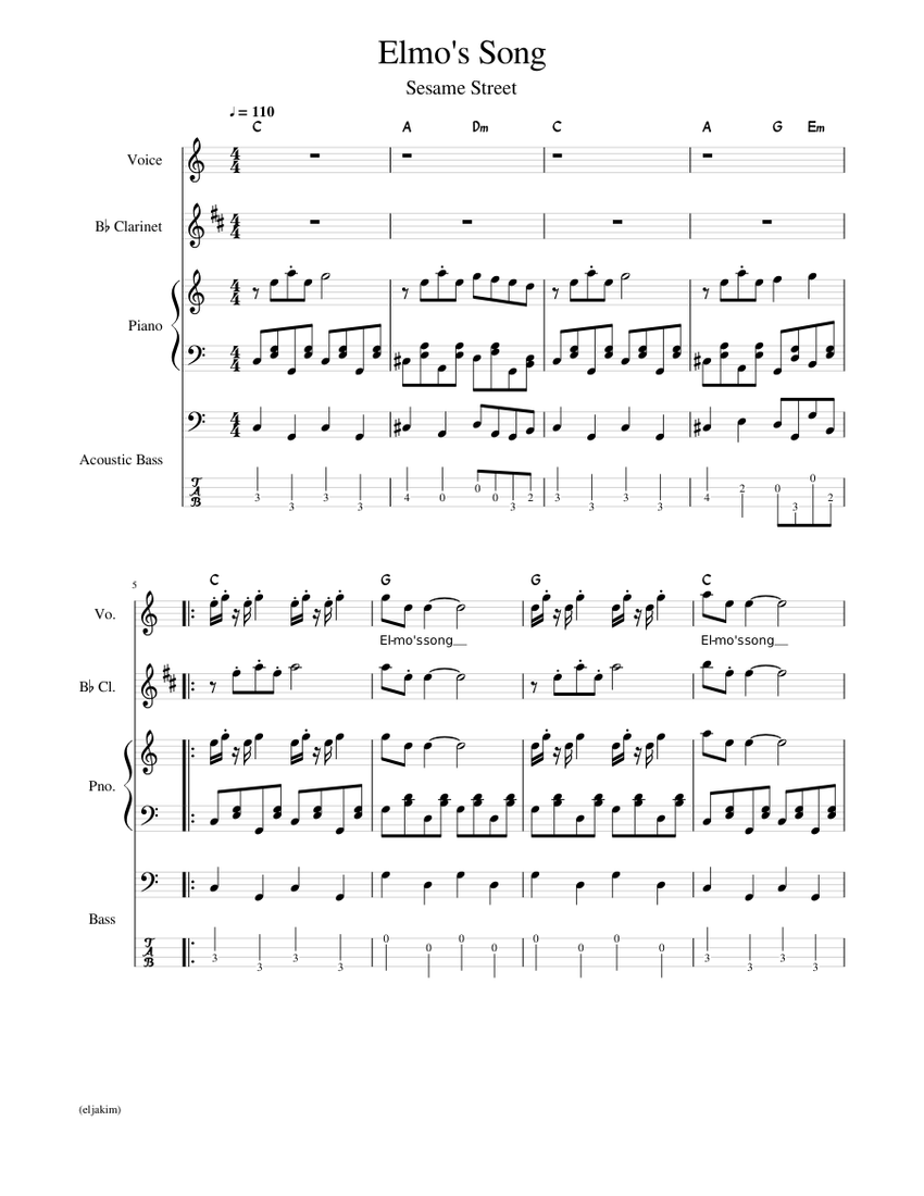 Elmo's Song Sheet Music and Tab with Chords for Piano, Vocals, Clarinet ...