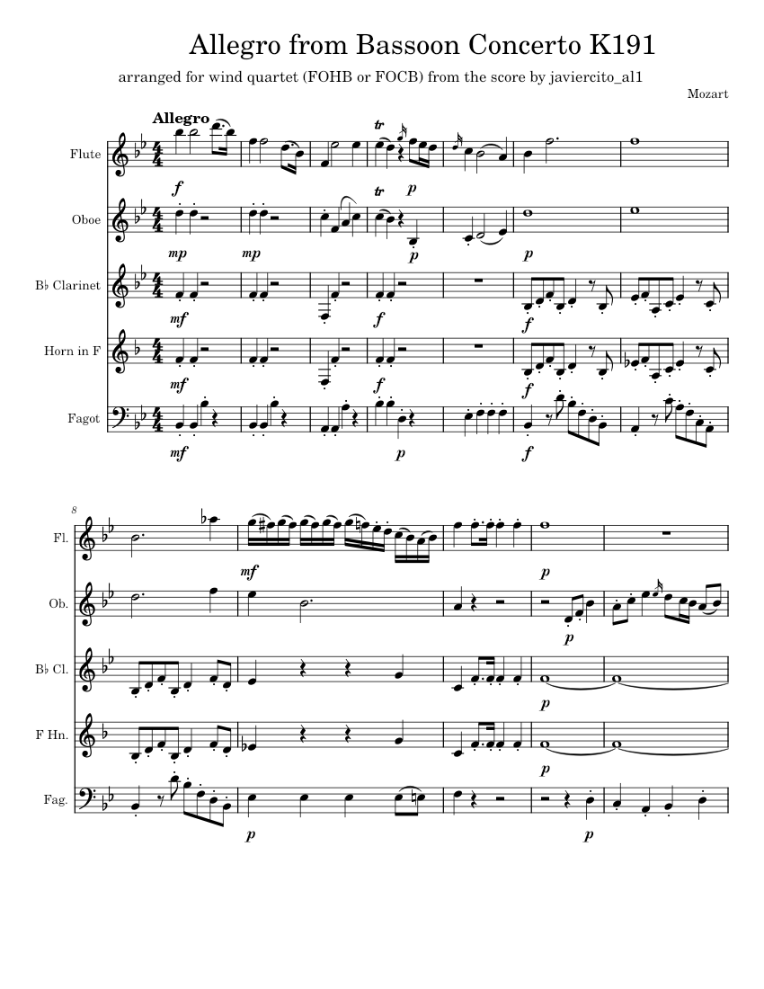Bassoon Concerto, K191 – Wolfgang Amadeus Mozart Sheet Music for Flute ...