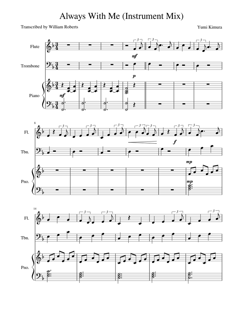 Always With Me (Instrument Mix) Sheet music for Piano, Trombone, Flute ...