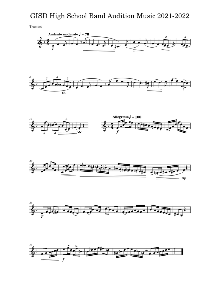GISD High School Band Audition Music: 2021-2022 - B♭ Trumpet Sheet Music for Trumpet in b-flat ...