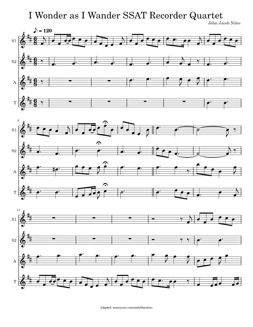 I Wonder as I Wander SSAT Recorder Quartet Sheet music for Recorder ...
