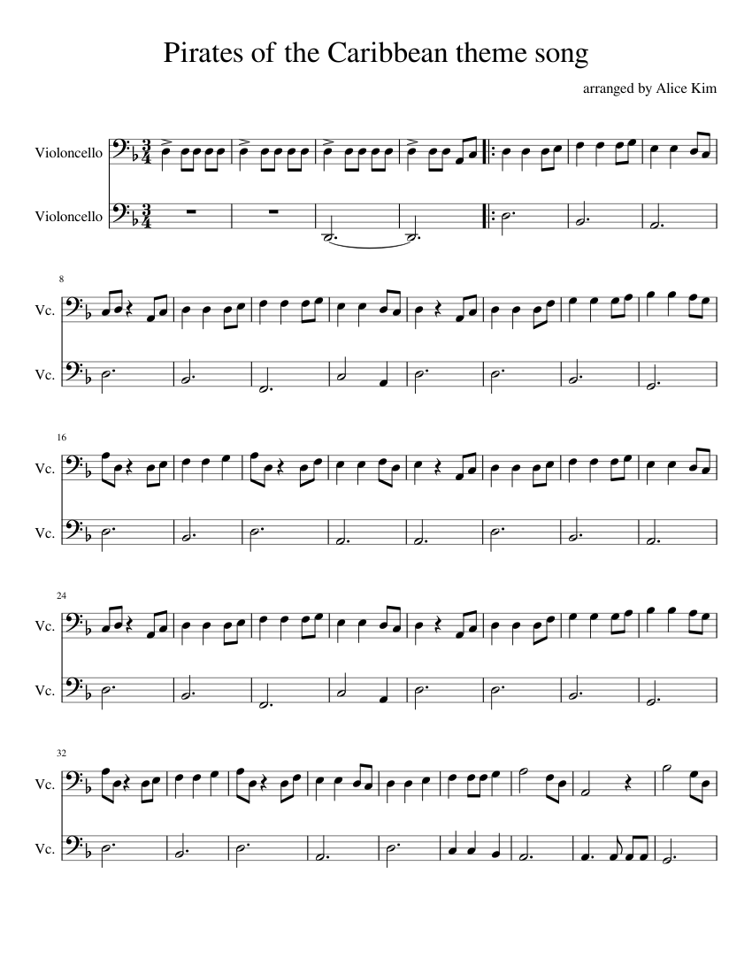 Pirates of the Caribbean theme song Sheet Music for Cello (String Duet ...