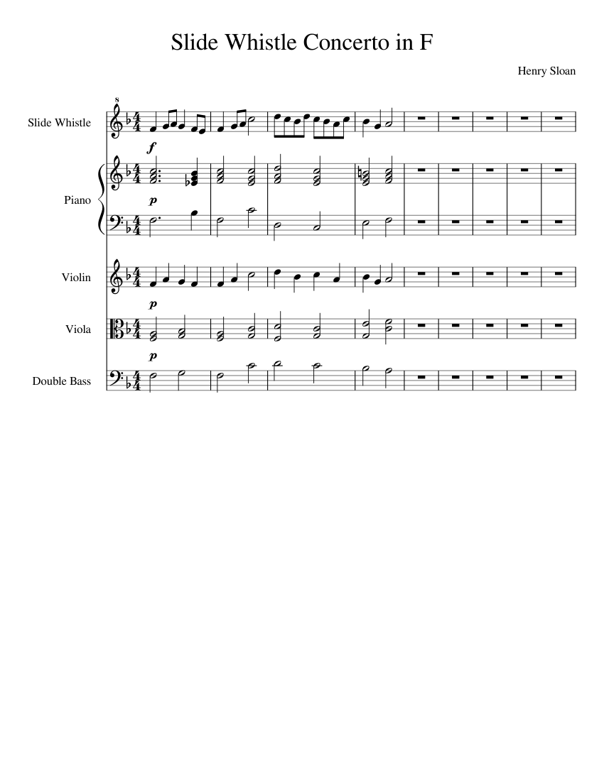 Slide Whistle Concerto in F Sheet Music for Piano, Contrabass, Violin ...