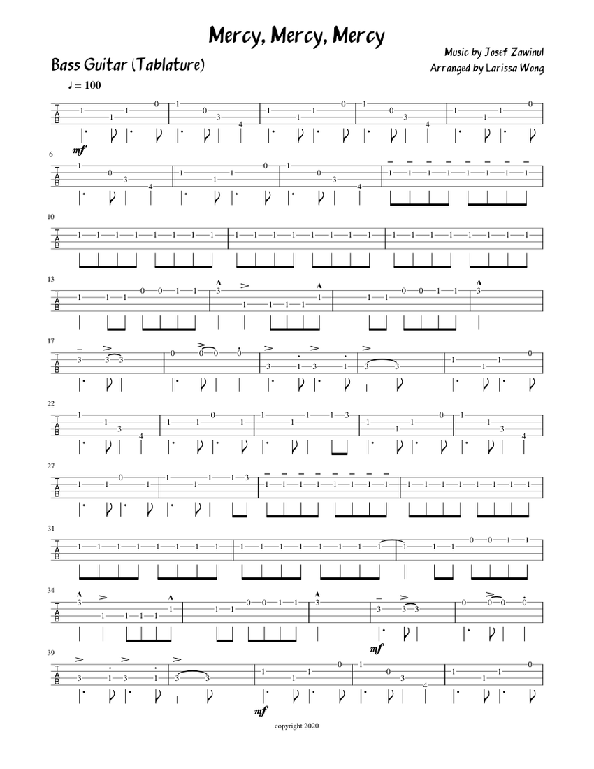 Mercy, Mercy, Mercy Bass Guitar (Tablature) Sheet Music and Tab for ...
