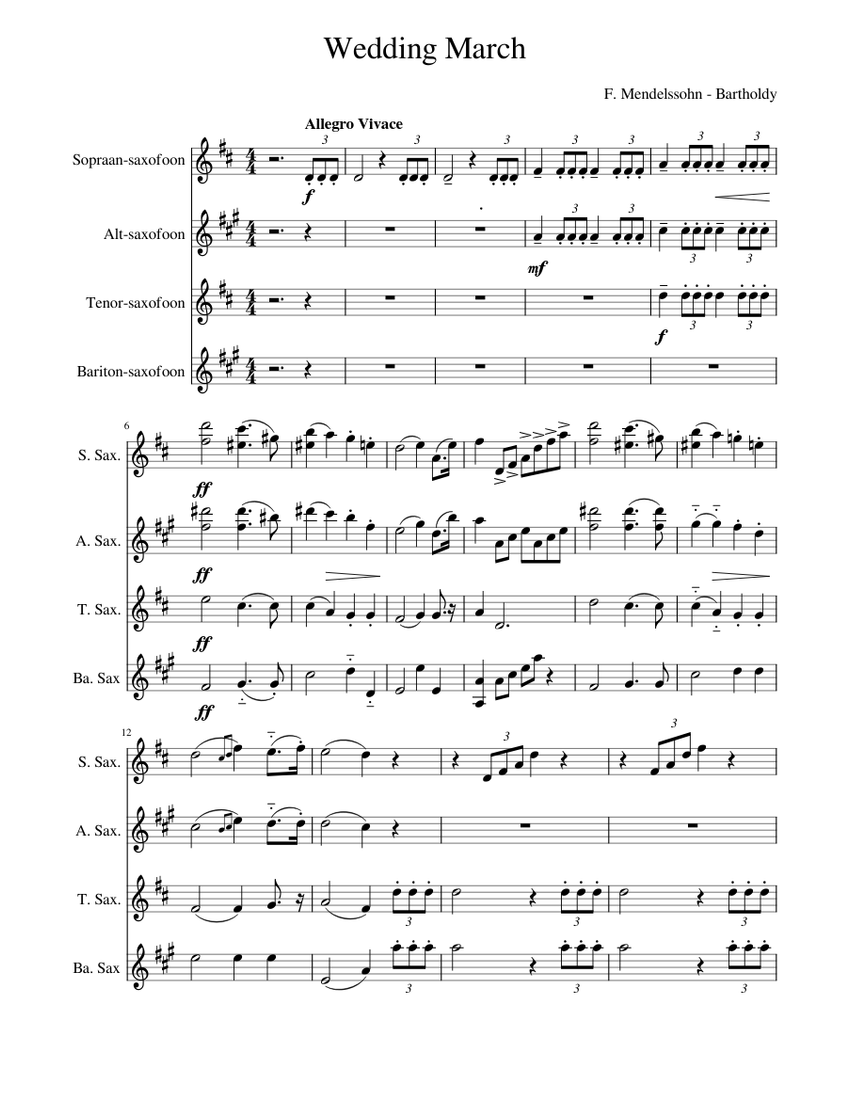 Wedding March – Felix Mendelssohn Sheet Music for Saxophone alto ...