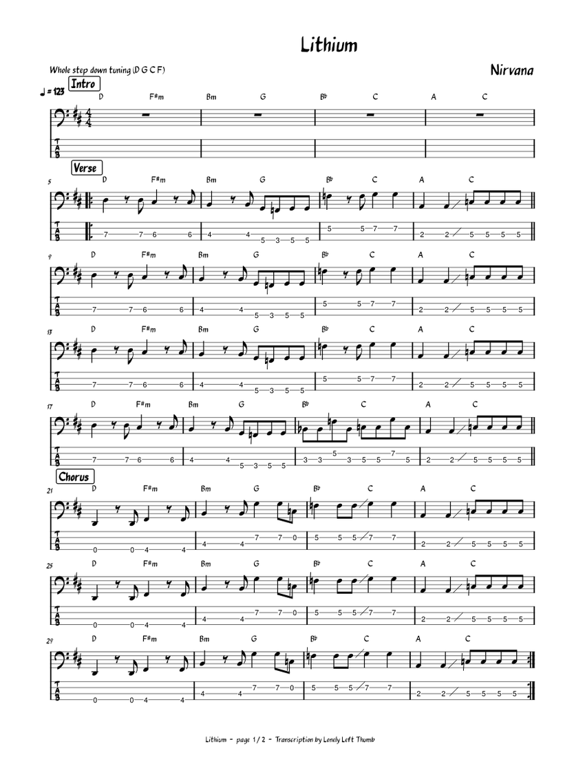 Lithium – Nirvana Sheet music for Bass guitar (Solo) | Musescore.com