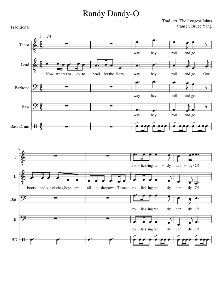 Randy Dandy-O Sheet Music for Tenor, Bass voice, Baritone, Bass drum ...