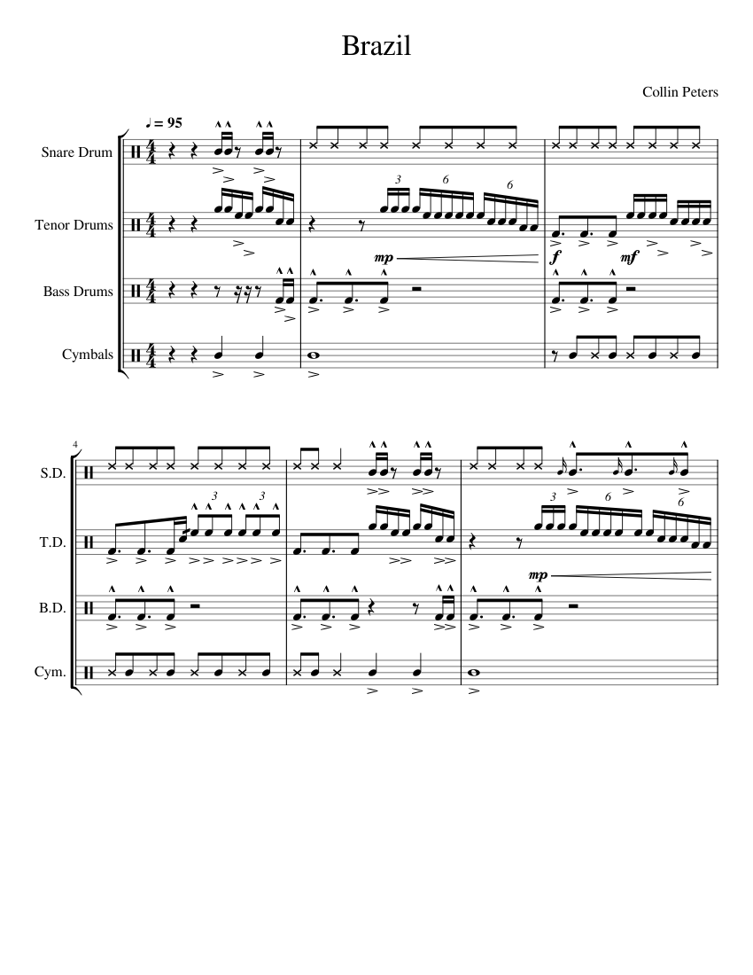 Brazil Sheet music for Snare drum, Crash, Tenor drum, Bass drum (Mixed ...