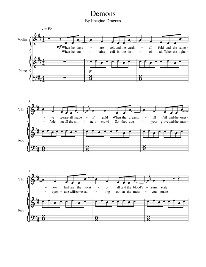 Demons By Imagine Dragons Sheet Music for Piano, Violin (Solo) | MuseScore.com