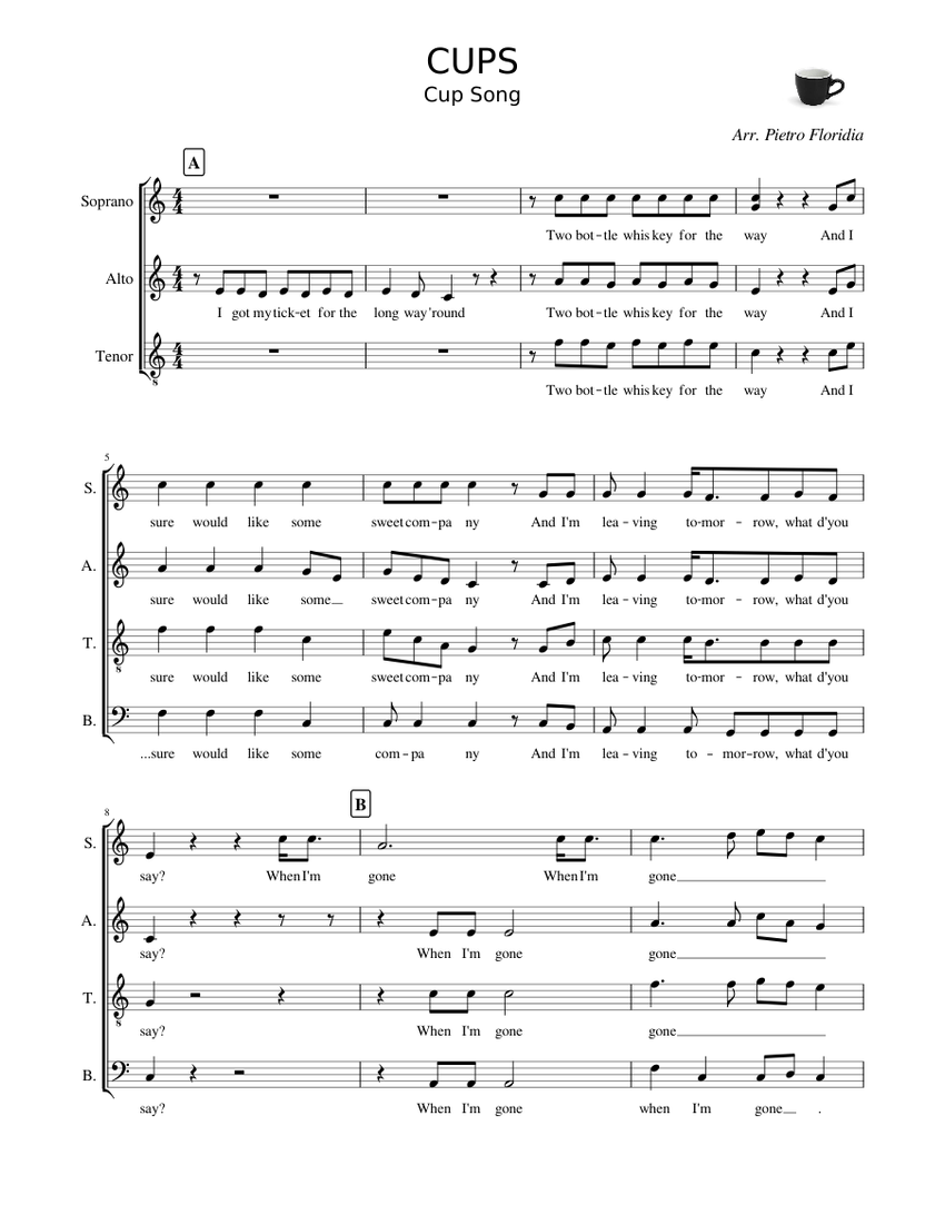 Cups Sheet Music for Soprano, Alto, Tenor, Bass voice (SATB ...
