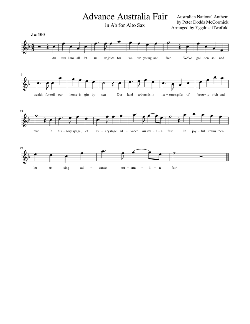Advance Australia Fair (Australian National Anthem) in Ab for Alto ...