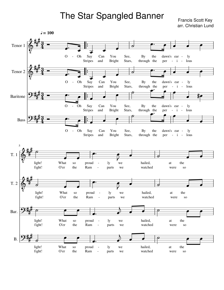 The Star Spangled Banner (for TTBB choir) Sheet Music for Tenor, Bass ...