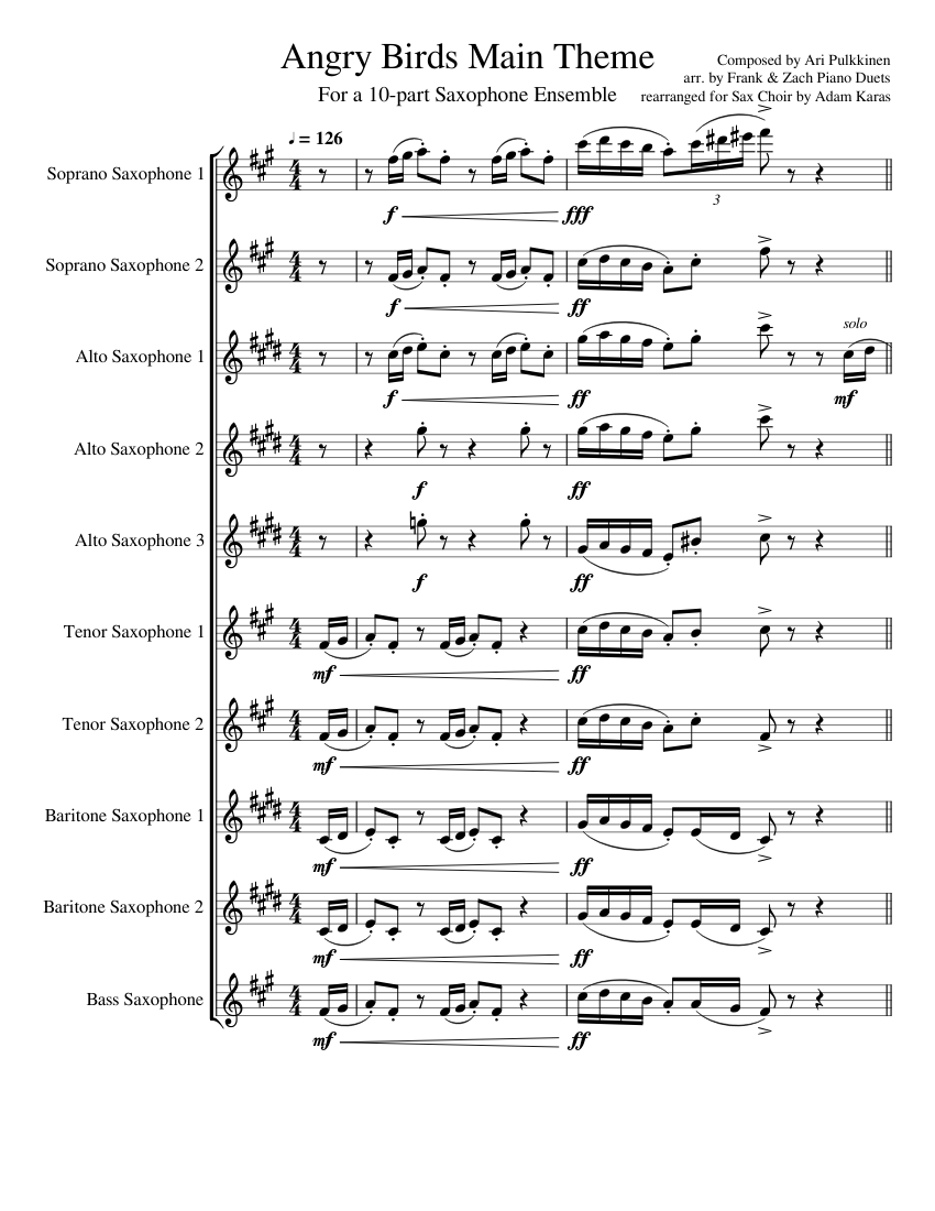 Angry Birds Theme for Sax Choir Sheet Music for Saxophone alto ...