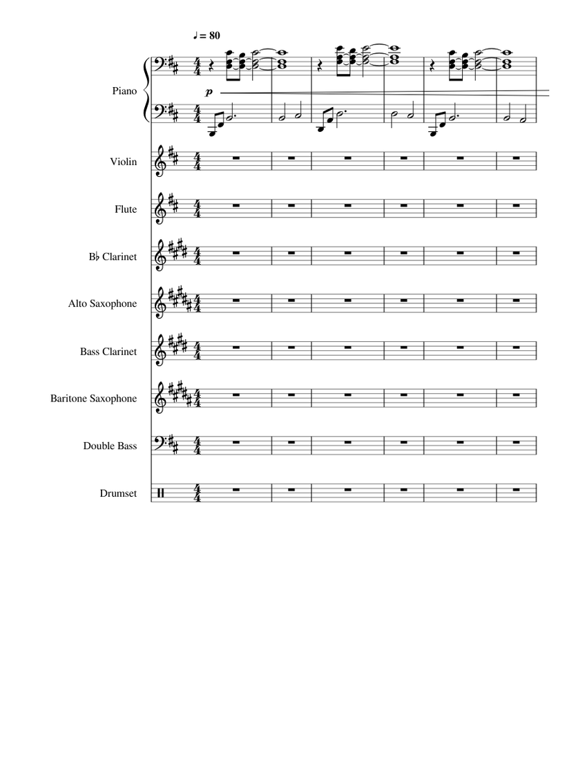 Whole score Sheet music for Piano, Flute, Clarinet in b-flat, Clarinet ...