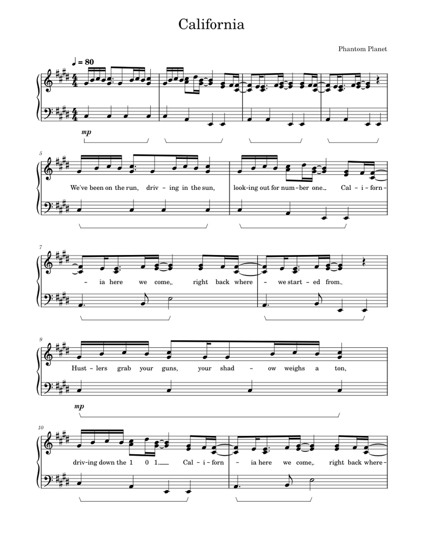 California – Phantom Planet Sheet Music for Piano (Solo) | MuseScore.com