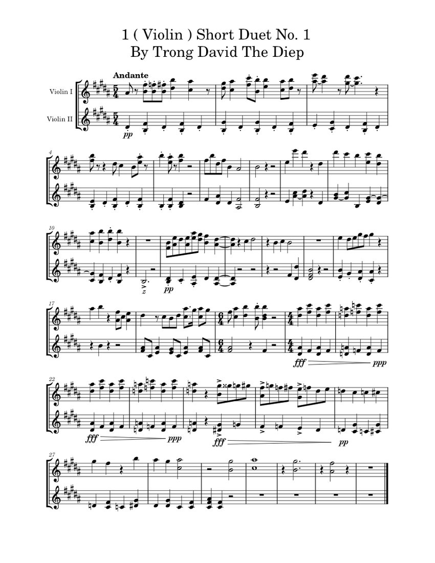 1 ( Violin ) Short Duet No, 1 by Trong David The Diep Sheet music for ...