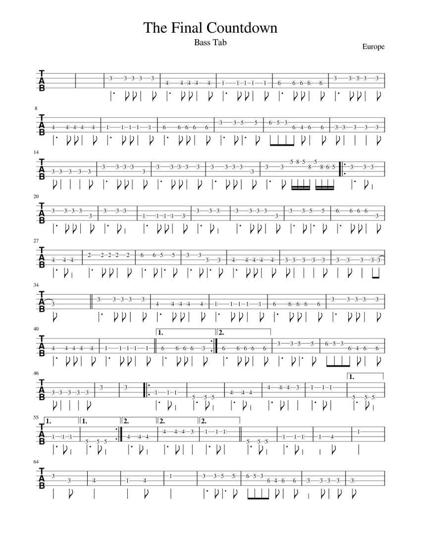 The Final Countdown Sheet music for Bass guitar (Solo) | Musescore.com