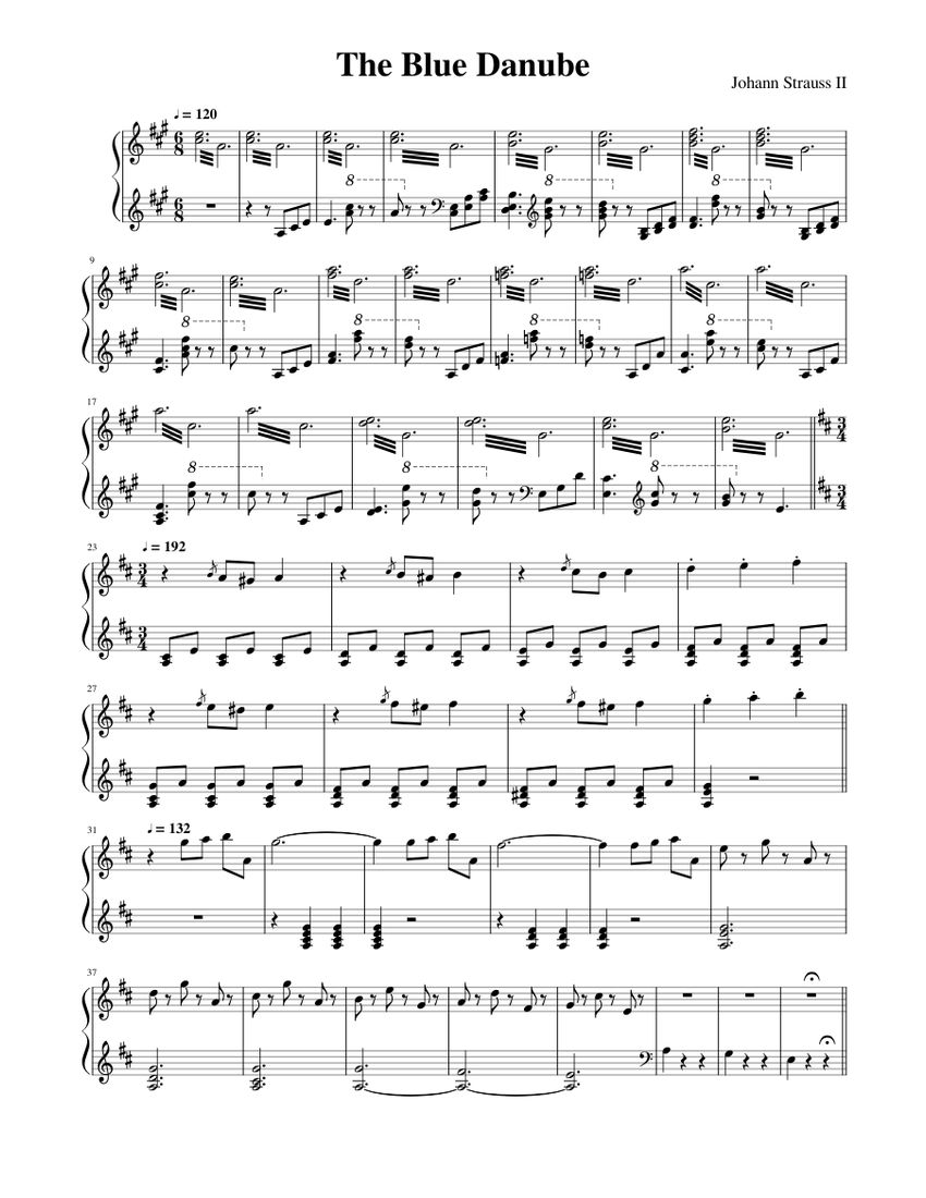 The Blue Danube (in D Major) by Johann Strauss II Sheet Music for Piano ...