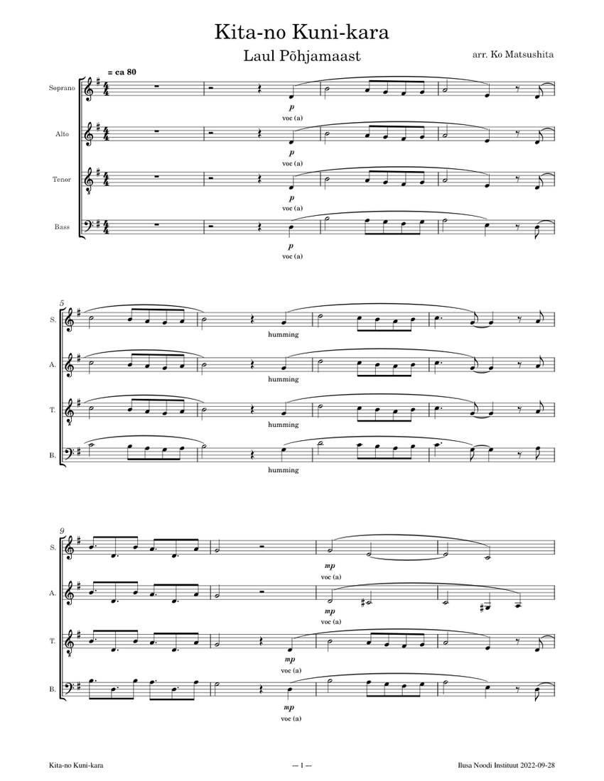 Kita-no Kuni-kara – Ko Matsushita Sheet Music for Soprano, Alto, Tenor ...