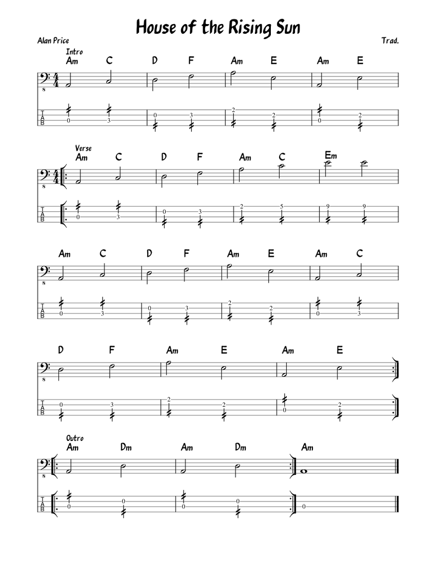 House_of_the_Rising_Sun Sheet Music and Tab with Chords for Bass guitar ...