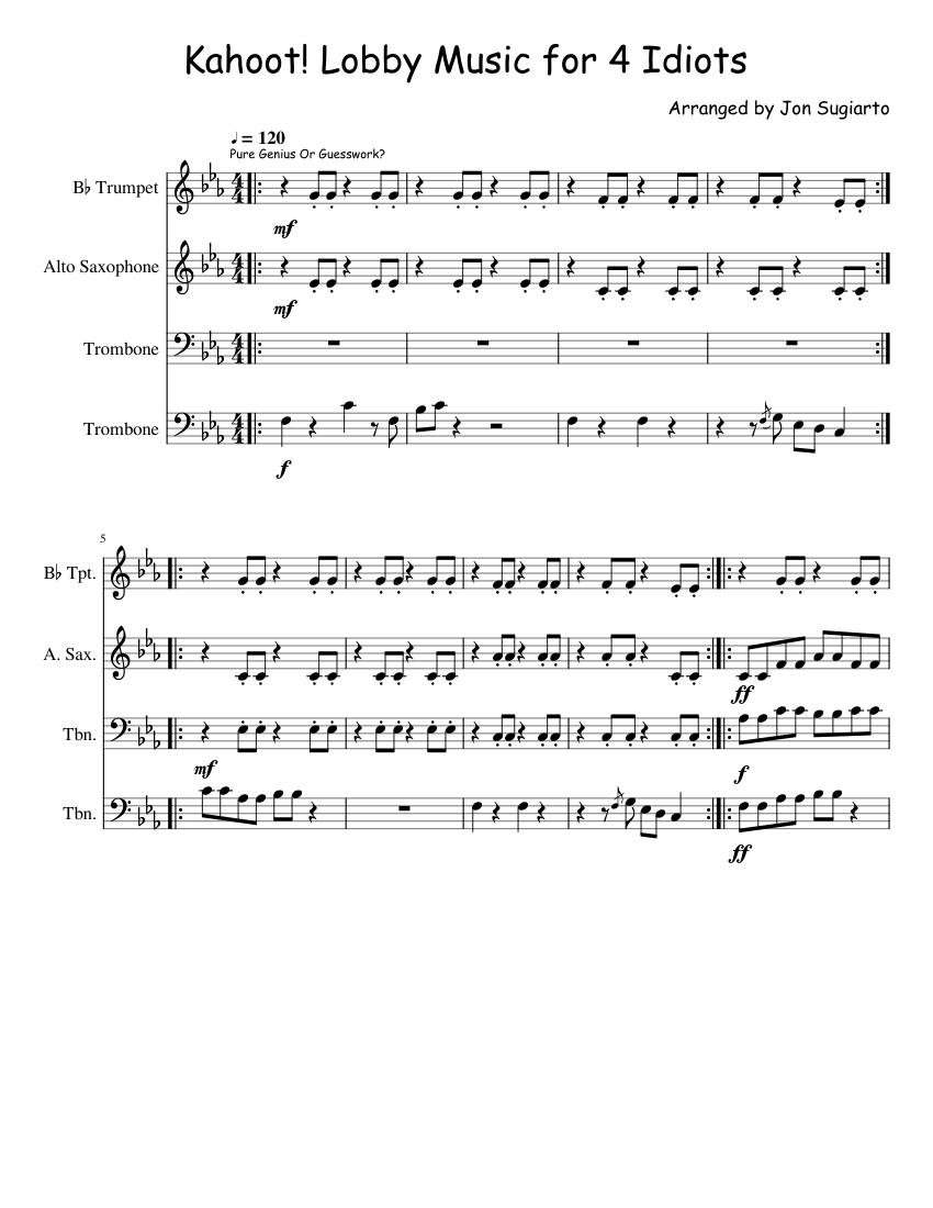 Kahoot Lobby Music for 4 Idiots Sheet music for Trombone, Saxophone ...
