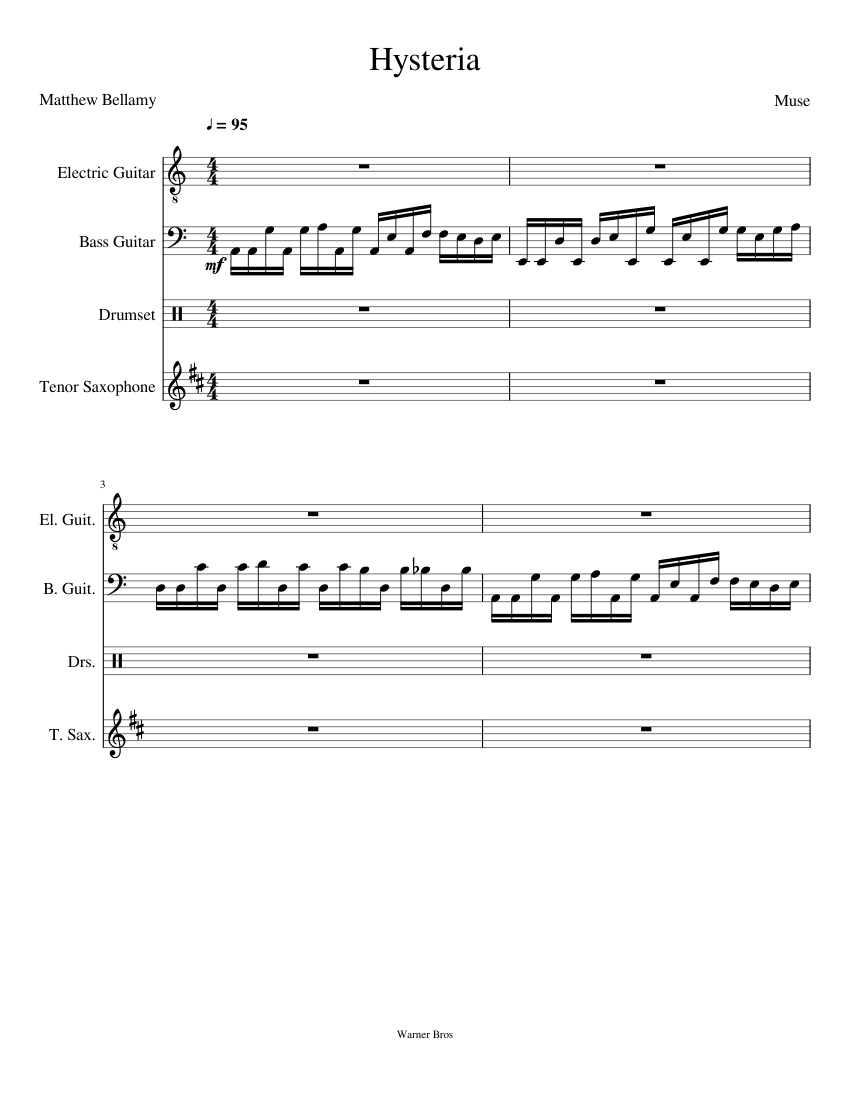 Hysteria Sheet Music for Saxophone tenor, Guitar, Bass guitar, Drum ...