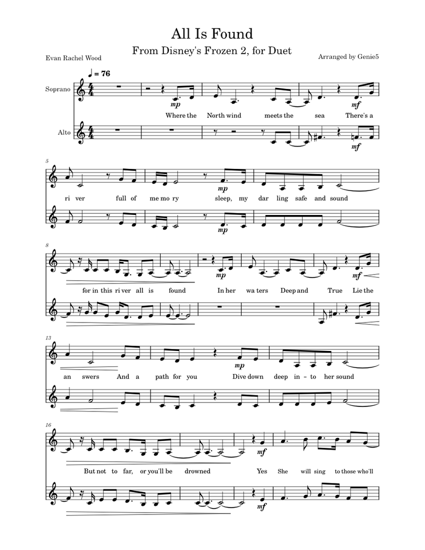 All is found (frozen 2) – Evan Rachel Wood All is found - Duet Sheet ...