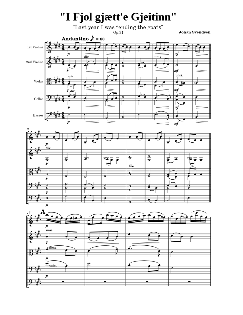 I Fjol gjætt’e Gjeitinn, Op.31 – Johan Svendsen Sheet Music for Strings ...