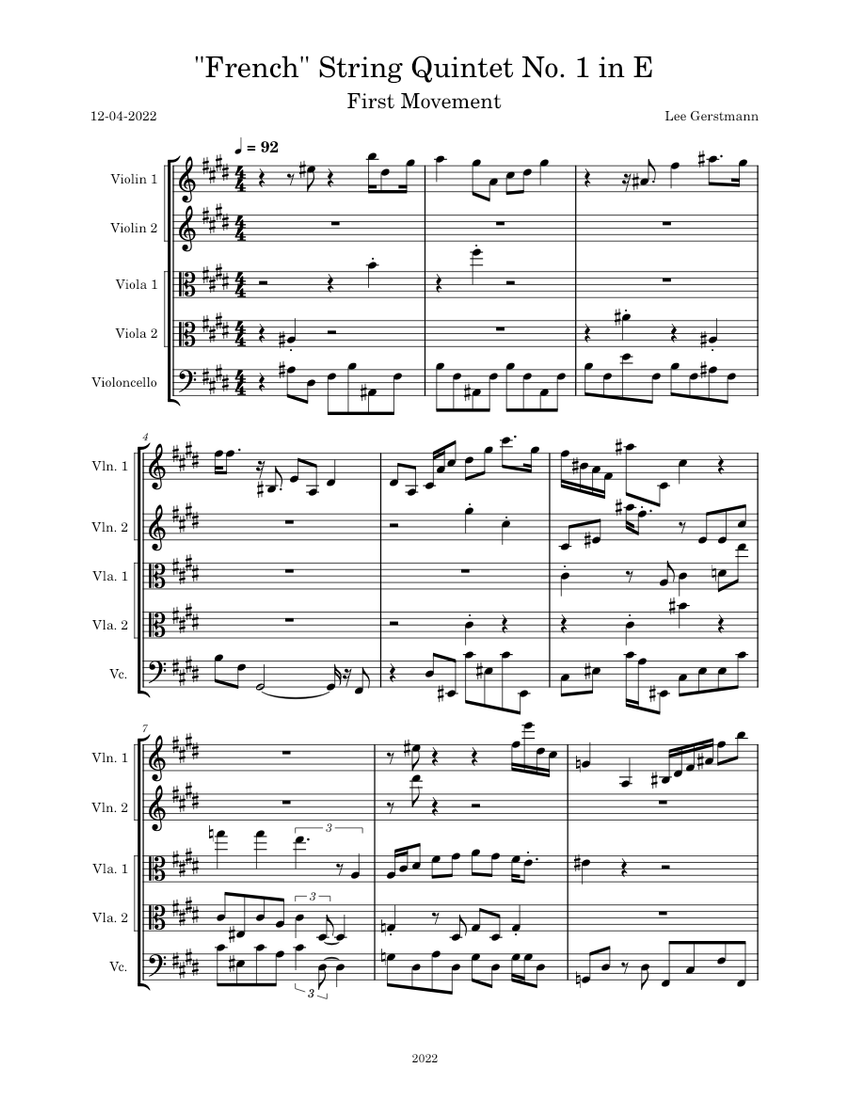French String Quintet No. 1 in E - First Movement Sheet Music for ...
