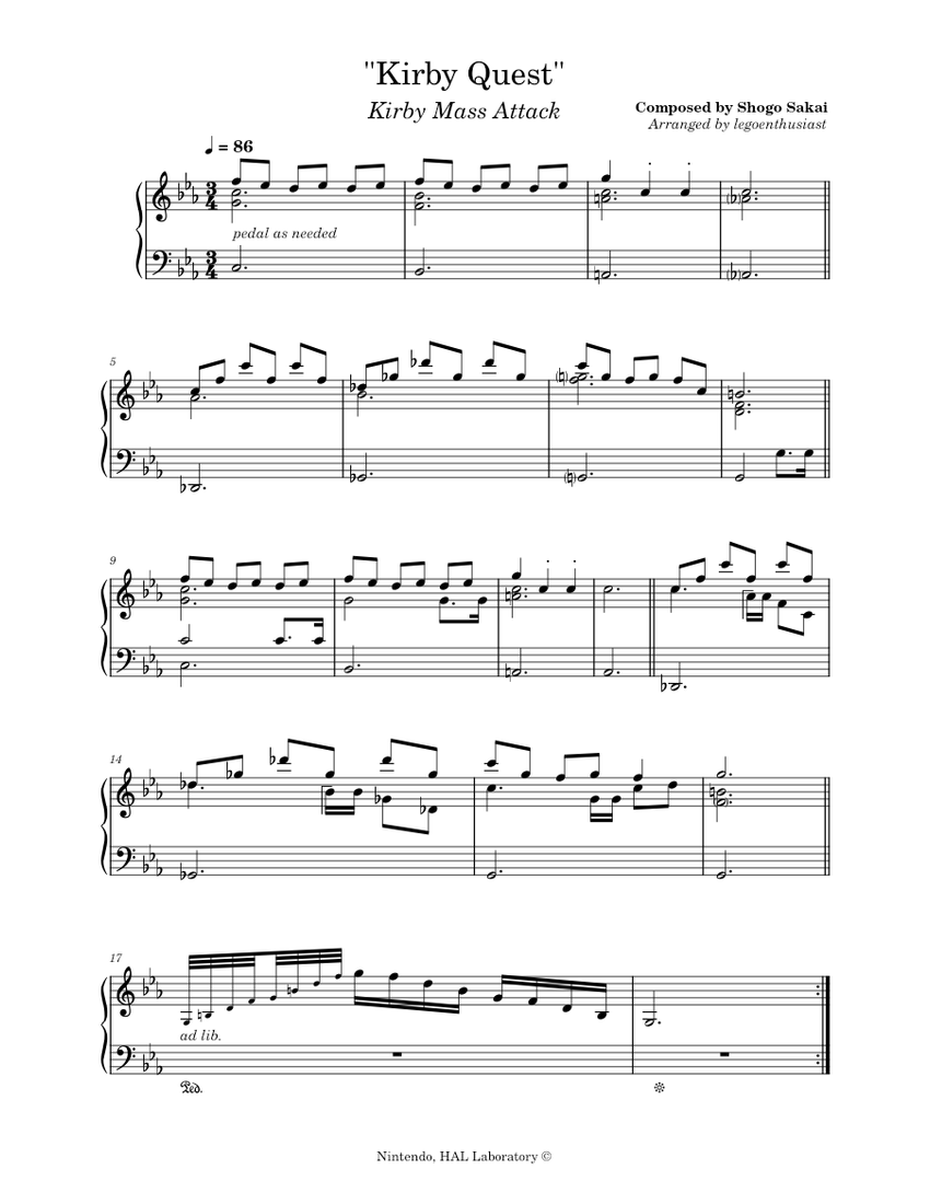 Kirby Quest - Kirby Mass Attack Sheet music for Piano (Solo) Easy ...