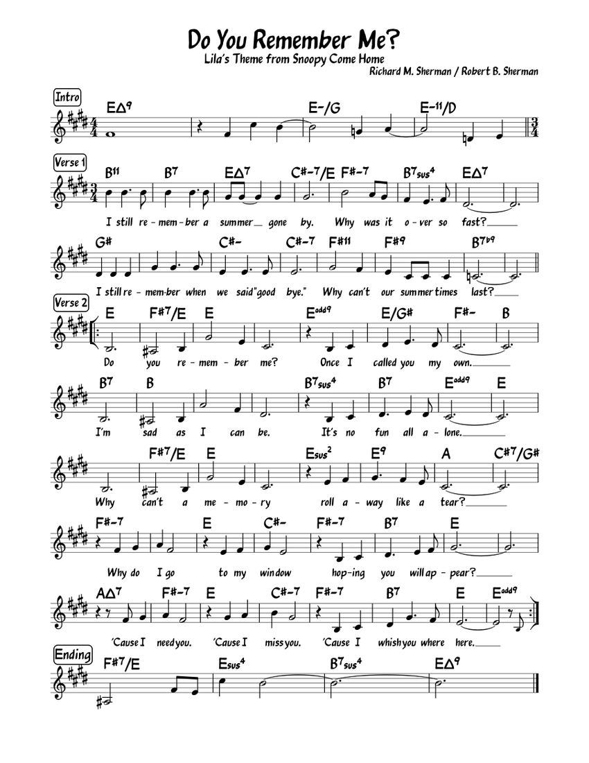 Do You Remember Me? Sheet Music with Chords for Piano, Guitar, Bass ...