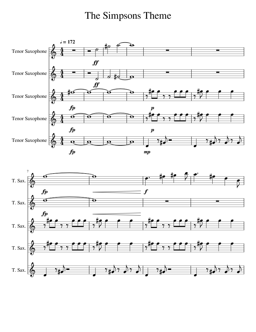 The Simpsons Theme Sheet Music for Saxophone tenor (Saxophone Ensemble ...