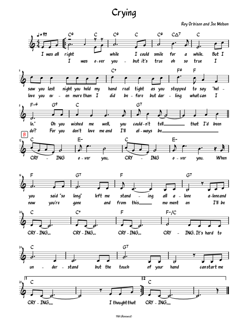 Crying (Lead sheet with lyrics ) Sheet Music for Piano (Solo) Easy ...