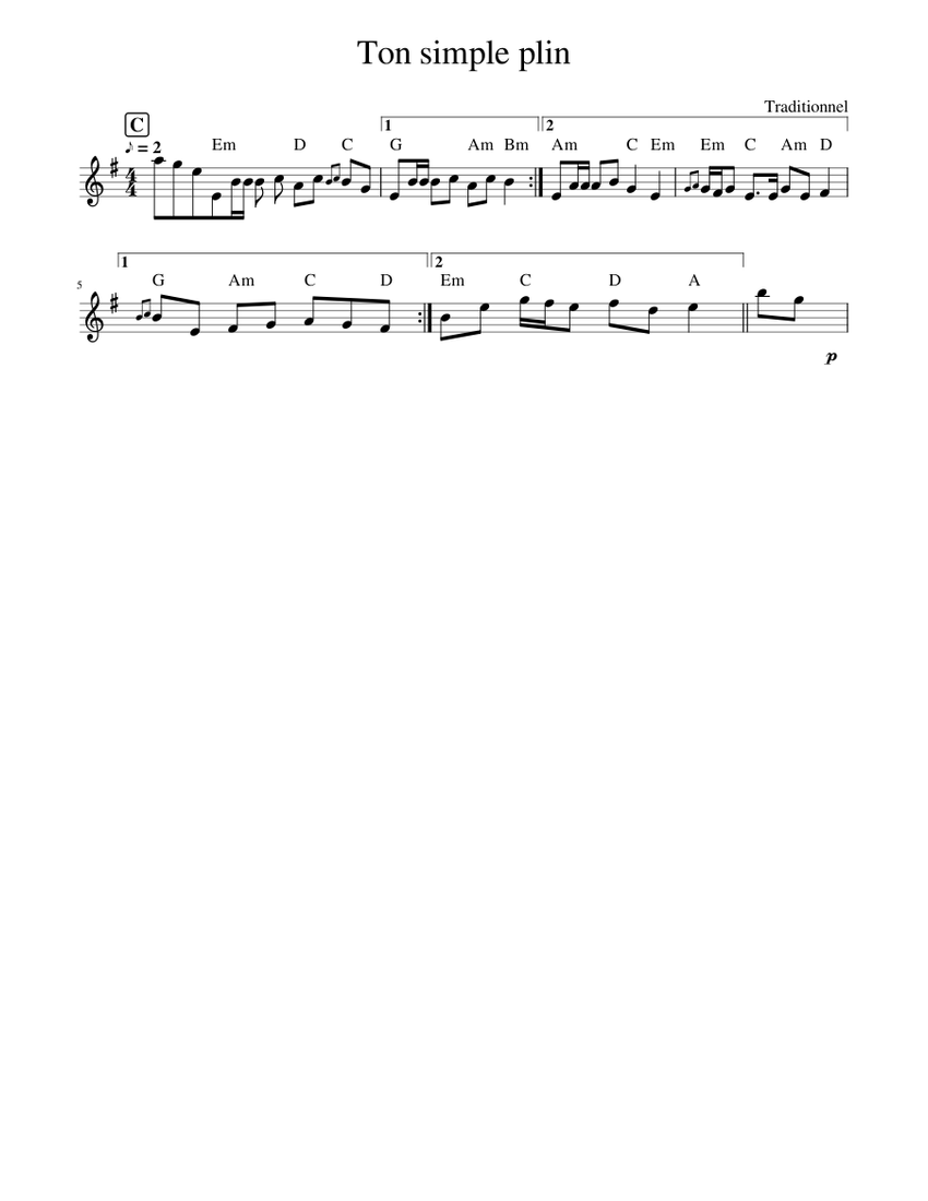 Traditional music - Ton simple plin Sheet music for Piano (Solo) Easy ...