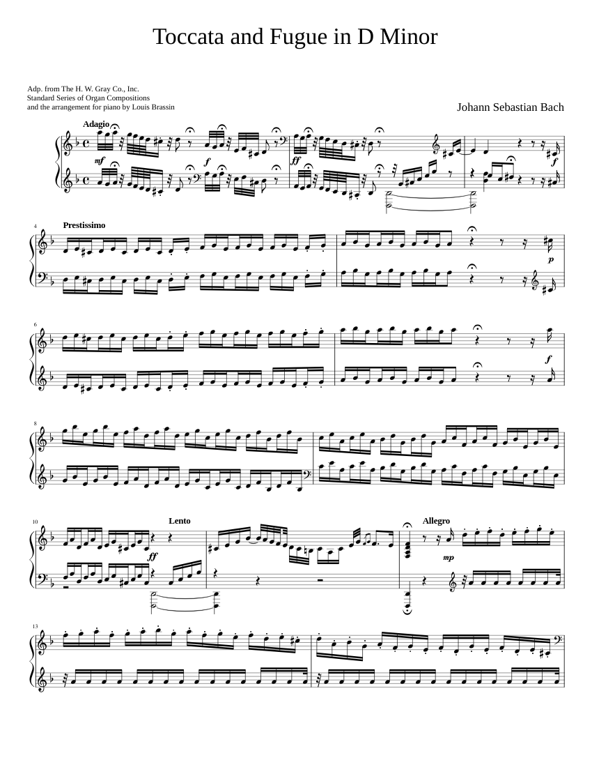 Bach Toccata and Fugue in D Minor (Piano solo) Sheet Music for Piano ...