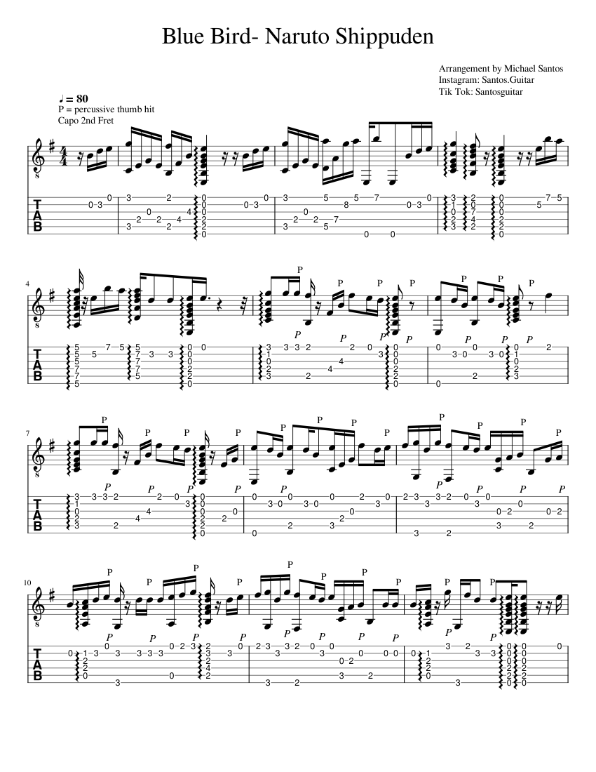 Blue Bird- Naruto Shippuden Fingerstyle Guitar Sheet Music and Tab for ...
