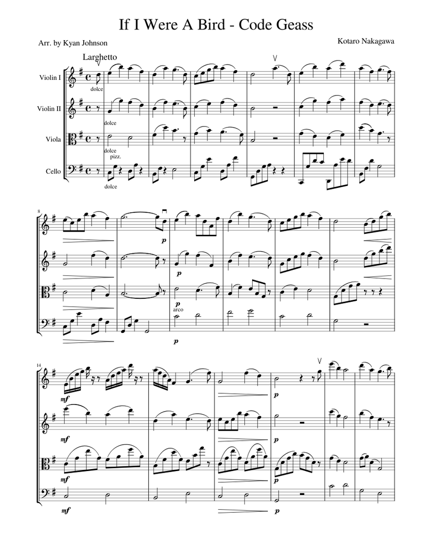 If I Were A Bird - Code Geass Sheet music for Violin, Viola, Cello ...