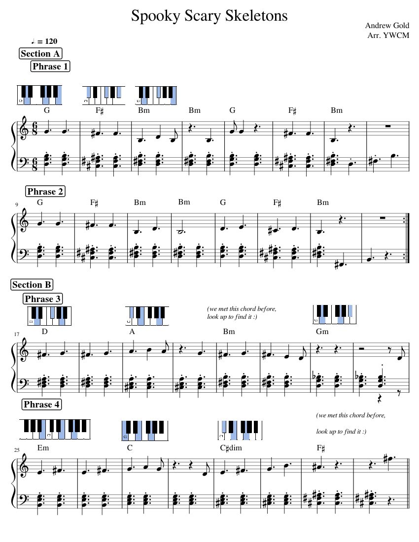 Spooky Scary Skeletons Melody Blocked Chord Diagram YWCM Sheet Music ...