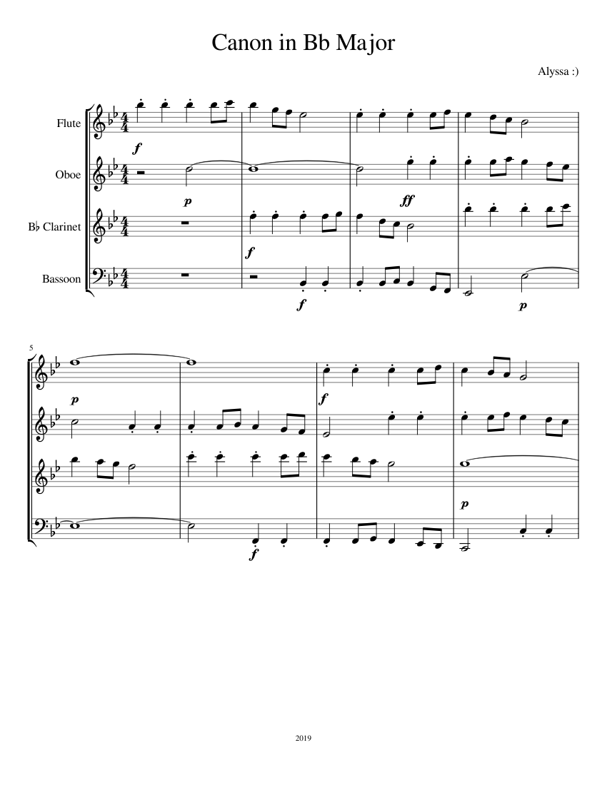 Canon in Bb Major Sheet Music for Flute, Oboe, Clarinet in b-flat ...
