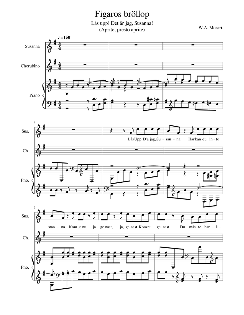 Le Nozze di Figaro, Aprite, presto aprite Sheet Music for Piano ...