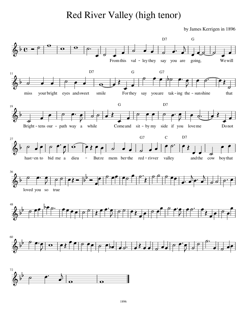 Red River Valley high tenor double Sheet music for Piano (Solo) Easy ...