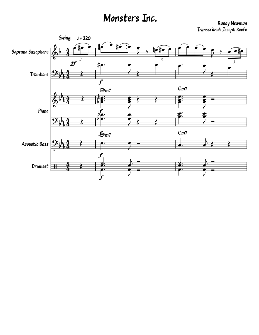 Monsters Inc Theme Jazz Combo Sheet Music with Chords for Piano ...